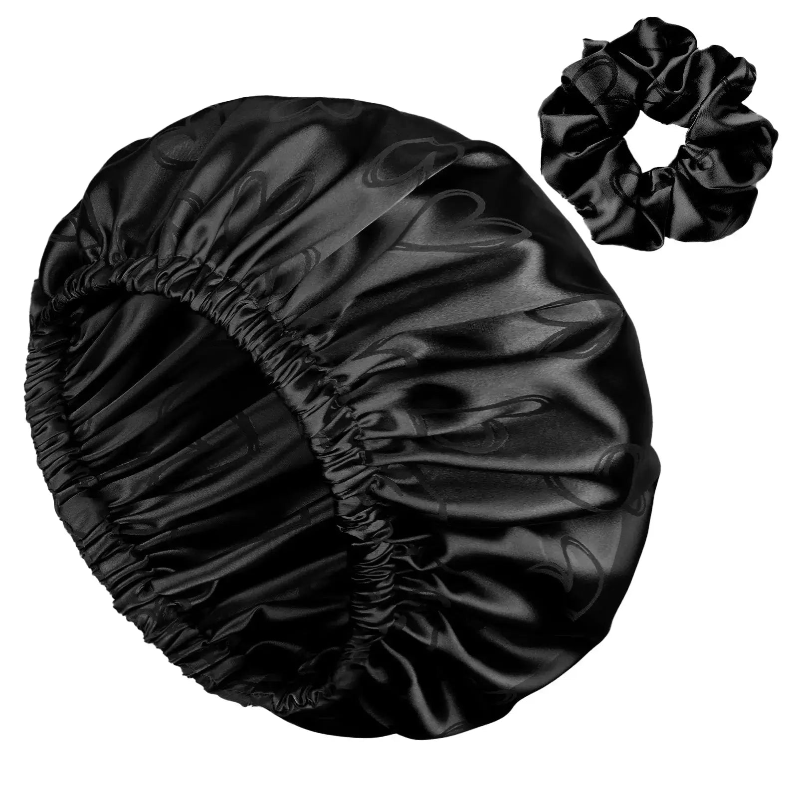 Silk Butter Satin Bonnet Adjustable Elastic - Black Heart