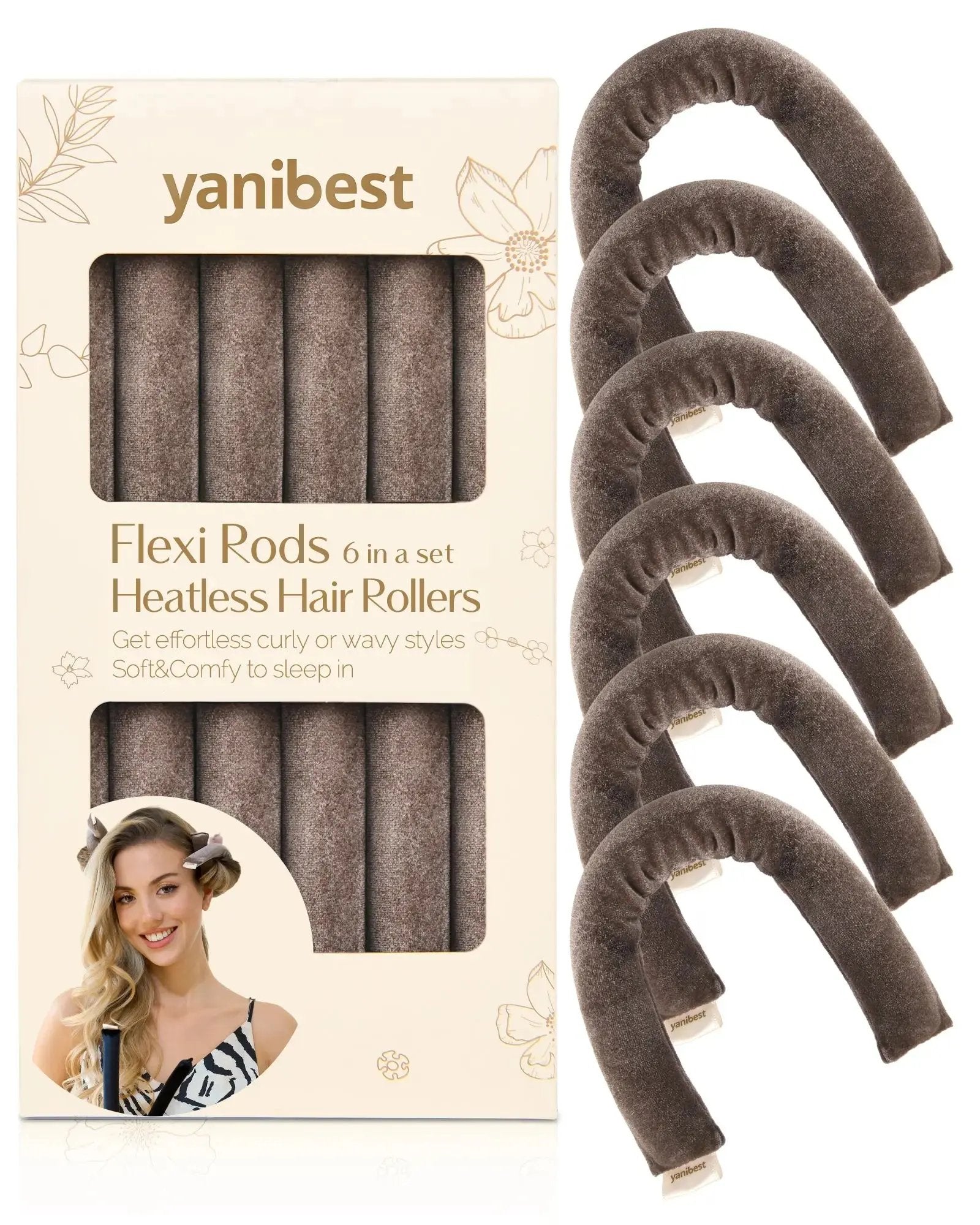 Velvet Heatless Flexi Hair Rollers 6 in 1 Set - Brown